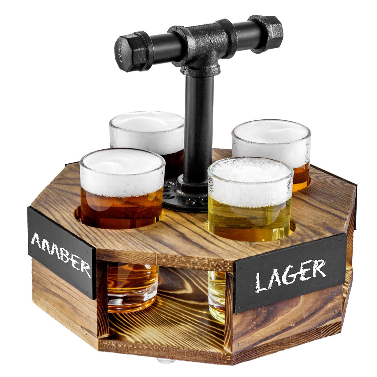 MyGift Burnt Solid Wood Geometric Beer Flight Server Set with Rustic I ...