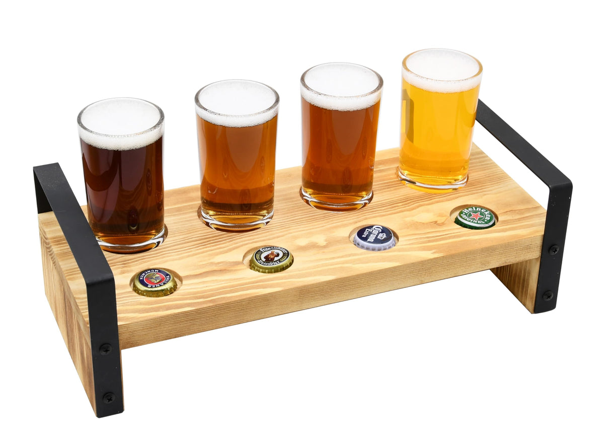 Owlgift Brown Wood Beer Flight Sampler Tray Holder Serving Set w/ 4 Gl ...